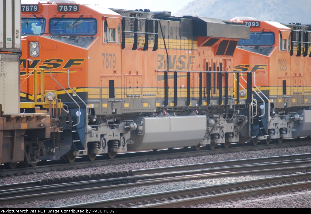 Close up shot of BNSF 7879 and BNSF 7893 as they roll eastbound as the #4 and #3 units.